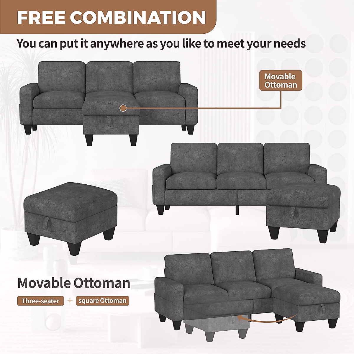 Youmumeub Sectional Sofa, L Shaped Couches for Living Room with Movable Ottoman Small Snowflake Sofas Modular Furniture Set for Apartment Small Space Loft