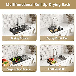 Arausk 16.7" x 14.5" Roll up Dish Drying Rack Silicone Coated Portable Dish Rack Dish Drainer Foldable Stainless Steel Over Sink Kitchen Drainer Rack for Cups Vegetables (XL)