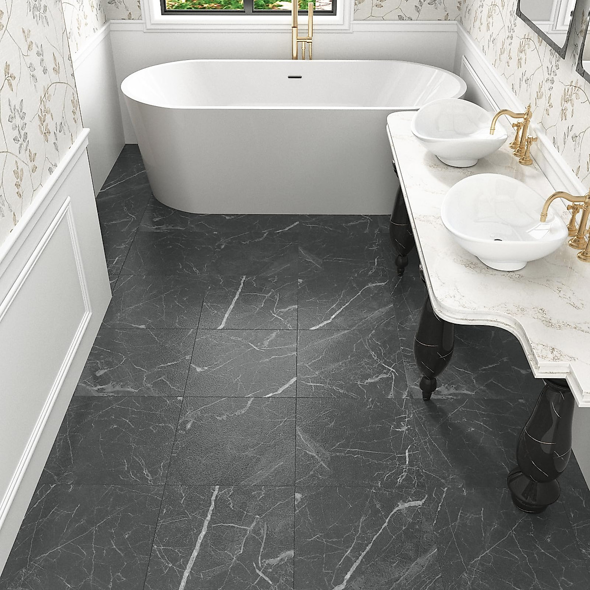 WESTICK Grey Black Marble Peel and Stick Floor Tile Vinyl Flooring Peel and Stick Bathroom Floor Tiles Waterproof Non-Slip Flooring Tile Sticker for Kitchen Bedroom RV 5 PCS 12" x 12"