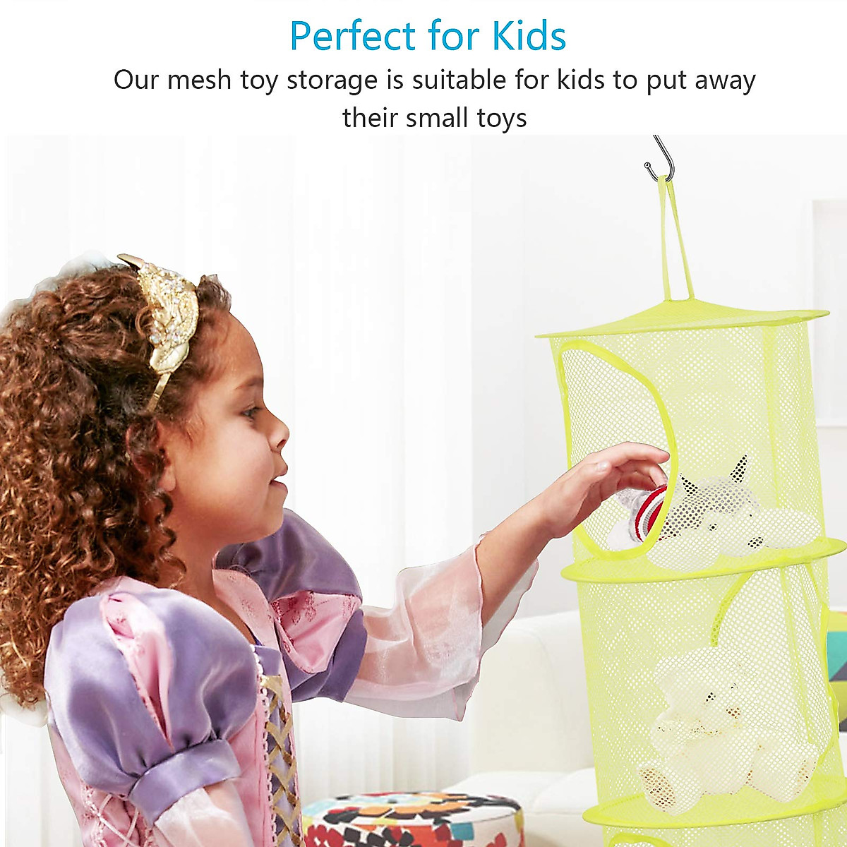 LANMOK 3pcs Hanging Mesh Storage Basket Foldable Space Saving Toy Organizer With 3pcs S hooks for Kids Room Bathroom Wall Balcony Wardrobe