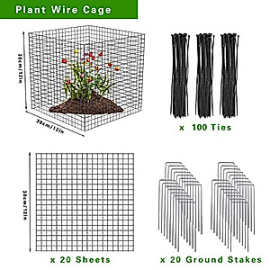 5 Pack Wire Plant Protectors Square Wire Plant Cages Mesh Plant Cage Chicken Wire Cloche with 20 Ground Stakes and 100 Nylon Ties Protect Plants, Garden,Shrubs and Vegetables from Animals, 12x12 inch