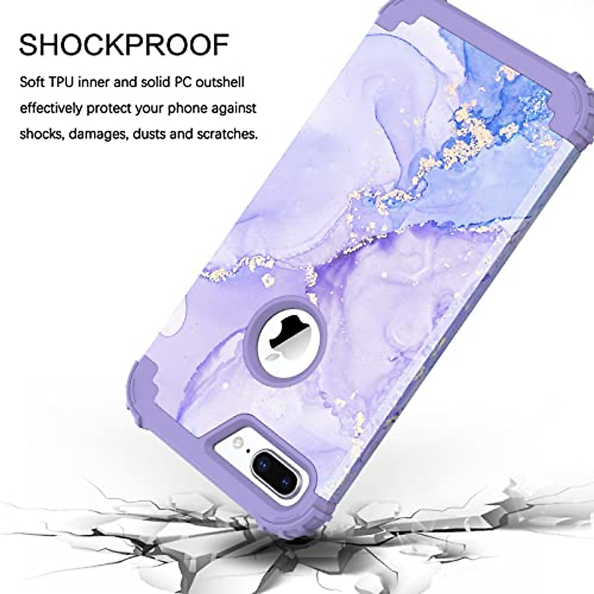 BENTOBEN iPhone 8 Plus/iPhone 7 Plus Case, Phone Case Heavy Duty 3 in 1 Full Body Rugged Shockproof Hybrid Hard PC Bumper Drop Protective Girls Women iPhone 8 Plus/7 Plus Cover, Purple Marble Design