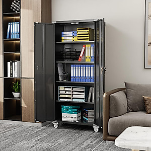 Aobabo Metal Garage Storage Cabinet on Wheels, Double Handle Lock Steel Storage Cabinet with 2 Doors, 4 Shelves Adjustable Black, Assembly Required