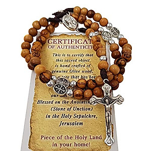TALISMAN4U Olive Wood Rosary Beads Catholic Necklace with Jerusalem Holy Soil & Certificate in Blue Velvet Rosary Pouch