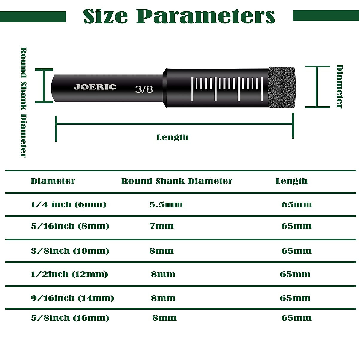 JOERIC 7 PCS Black Dry Diamond Drill Bit Set, for Granite Marble Tile Ceramic Stone Glass Hard Materials (Not for Wood) Round Shank with Size 1/4, 5/16, 3/8, 1/2, 9/16,5/8 inches