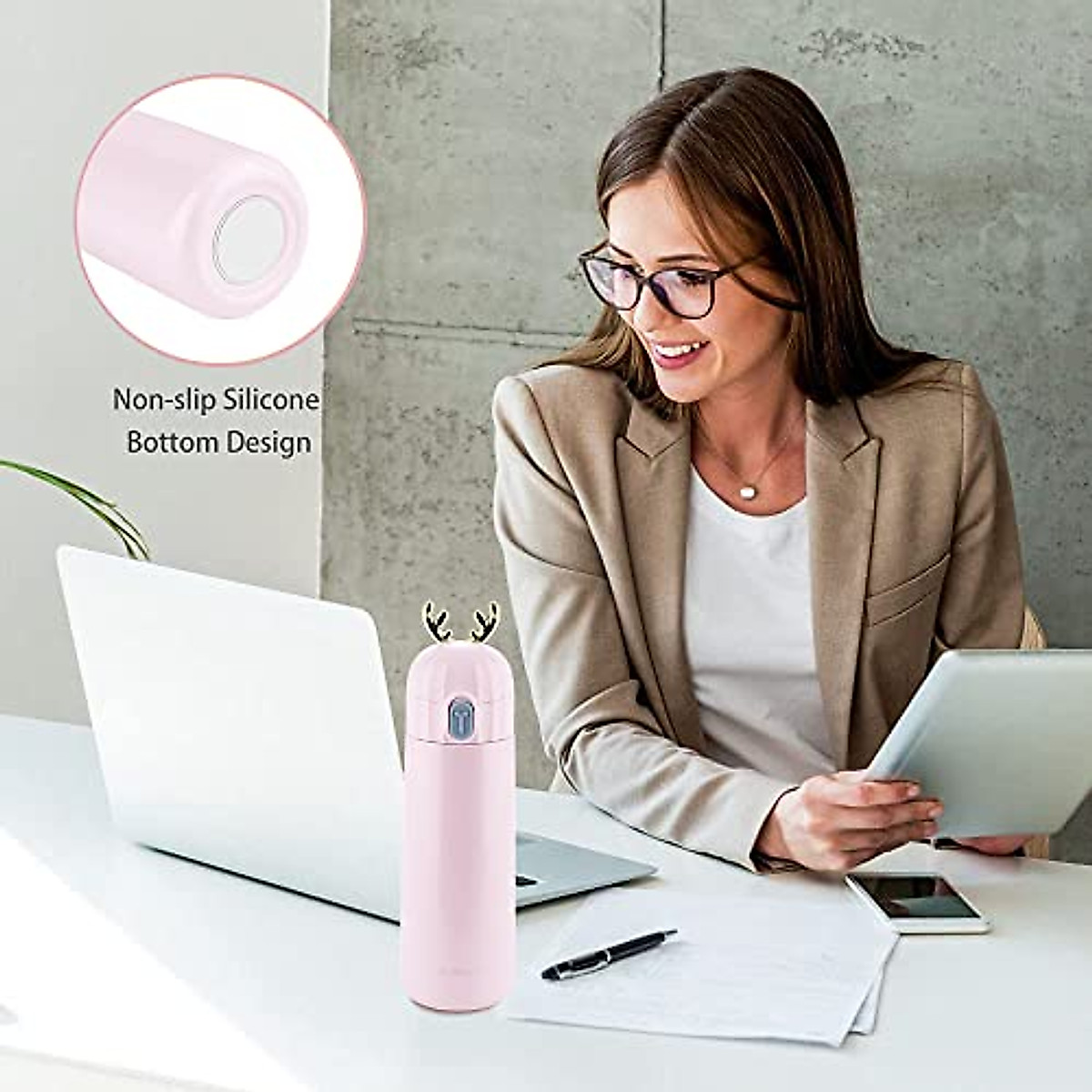 Water Bottle, Insulated Stainless Steel Water Bottle, Deer Horn Kids Cups, Vacuum Insulated Double Wall Camping Tumbler, Gifts for Women, Christmas, Friends, Mom, Her, Sister, Aunt, Daughter, 350 ML