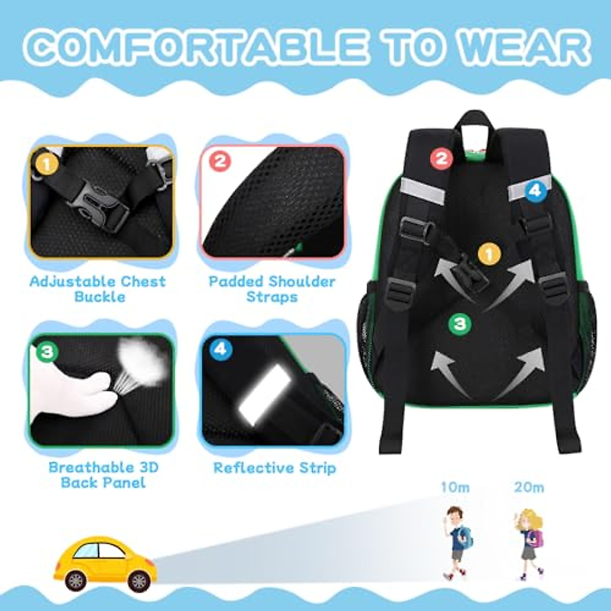 Toddler Backpack, 12'' Preschool Mini Backpack for Small Kids Boys and Girls 1-4 years old Kindergarten Small Bookbag with Chest Buckle and Reflective Strip,Green and Blue