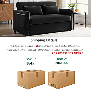 Monkey Patio 59.5 Inches Modern Velvet Loveseat with Pull-Out Convertible Sleeper Sofa Bed, 2 Arm Pockets, 2 Pillows and Adjustable Backrest for Living Room, Grid Design Armrests (Black)