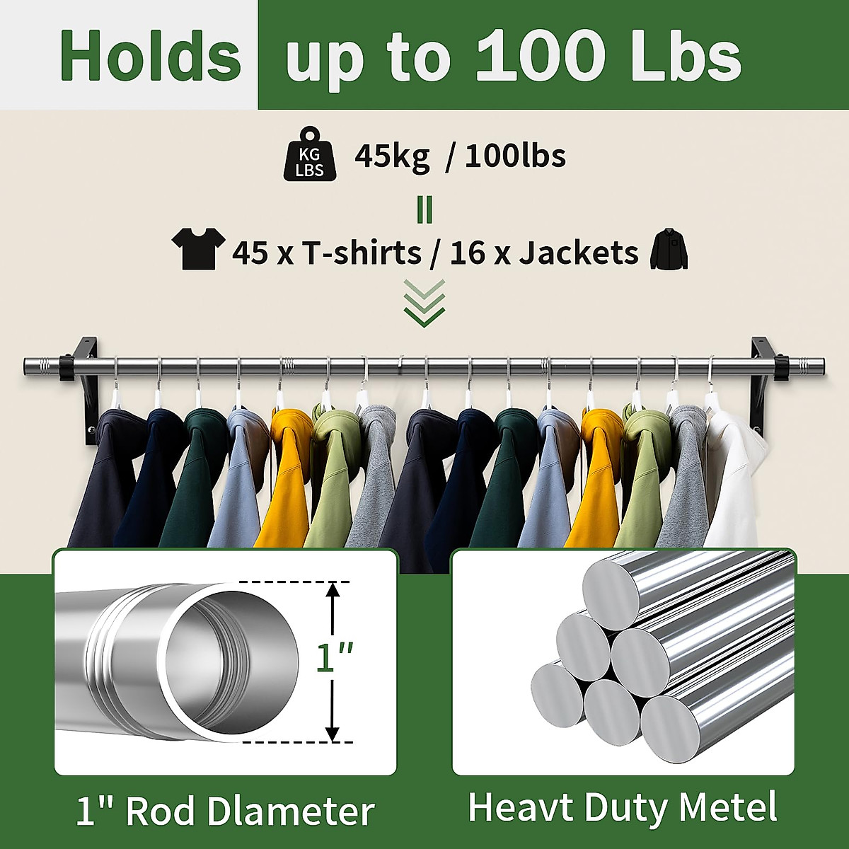 Clothing Rack Wall Mounted - 44 Inch Heavy Duty Detachable Wall Mounted Clothes Rack Garment Bar, Space Saving Multi Purpose Clothes Hanging Rod for Closet Storage Laundry Room Drying Rack - NO SHELF