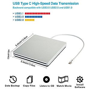 VikTck External CD DVD Drive USB C Ultra Slim Portable CD DVD Player Burner/Writer/Reader USB Superdrive Disc Duplicator for MacBook Pro/Air/Mac/M1/Laptop/Windows10 (Silver)