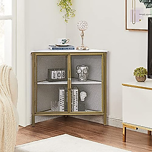 VECELO Corner Cabinet Table with 3-Tier Shelf, Freestanding Storage Organizer for Small Space in Living Room/Bedroom/Kitchen, Two Doors, Gold