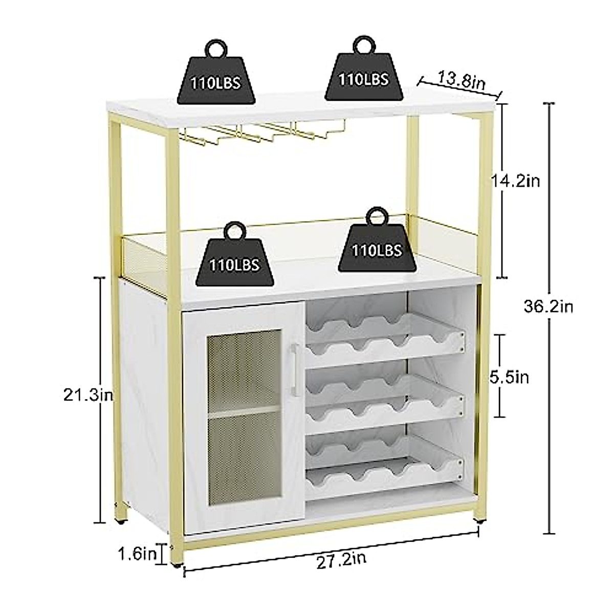GAOMON Wine Bar Cabinet with Removable Wine Racks and 1 Drawer,Bar Cabinet with Glass Holder and Mesh Door for Liquor and Glasses(Gold)