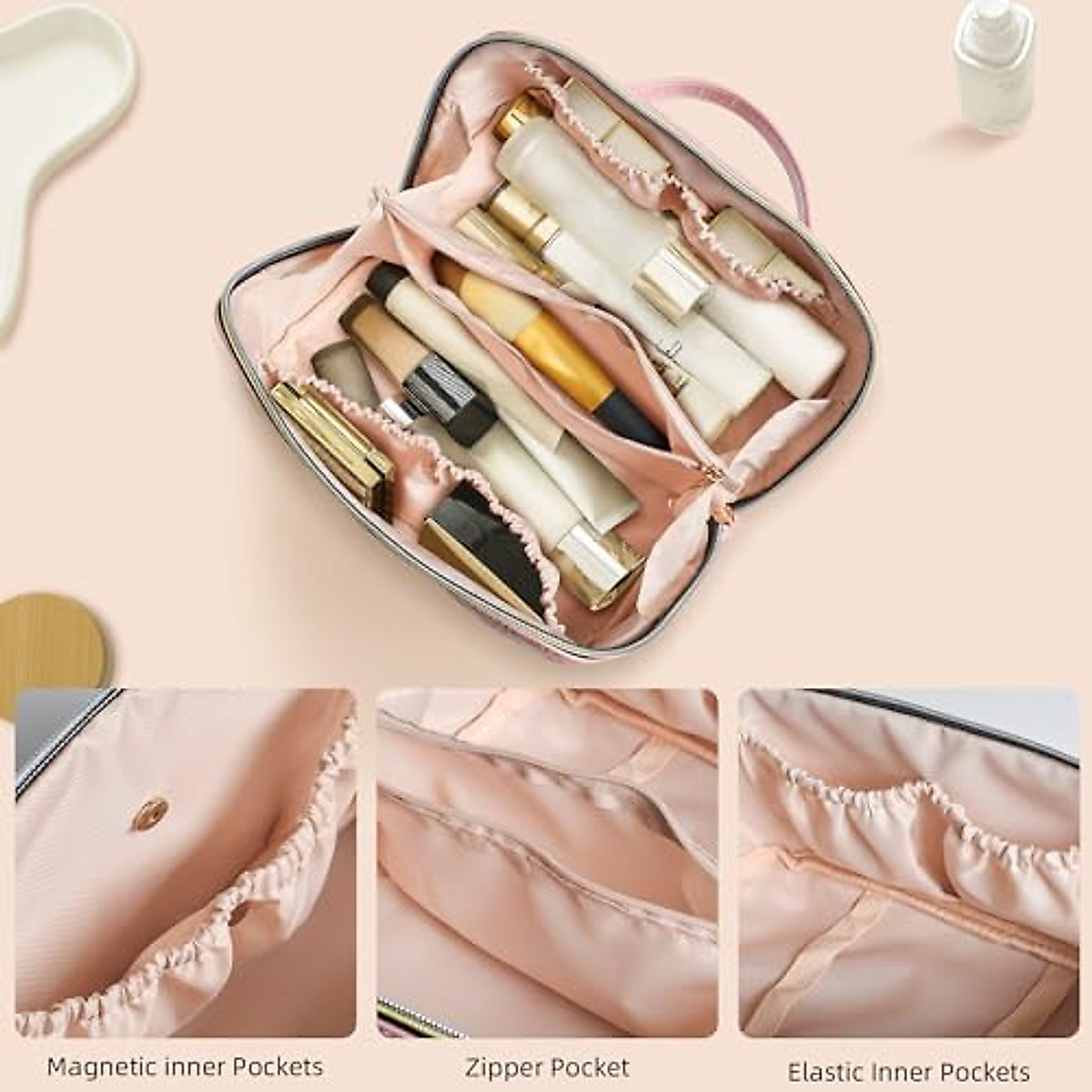 Sanshisi Travel Makeup Bag, Waterproof Leather Portable Cosmetic Travel Bag for Women Large Capacity Cosmetic Organizer Pouch with Compartments and Handle, Pink