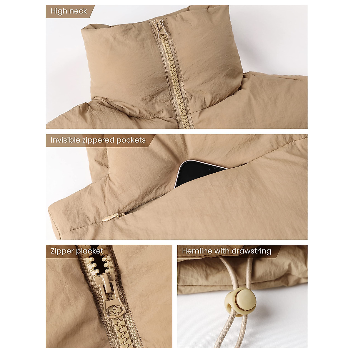 UANEO Cropped Puffer Vest Women Zip Up Stand Collar Sleeveless Padded Crop Puffy Vests (Khaki-M)