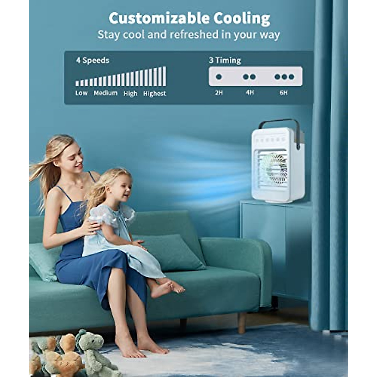 Personal Air Cooler, 70°Oscillating Evaporative Ultra Portable Personal Air Cooler with 7 Colors LED Light, 4 Wind Speeds, 2 Refrigeration, 2/4/6Timer, 2 Spray Modes and 450ml large tank for Office