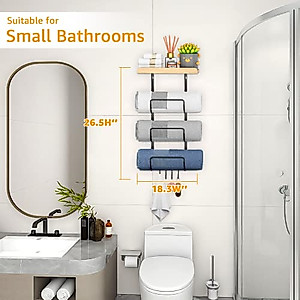 Goramio Wall Mounted Towel Rack for Bathroom - Metal Towel Storage Organizer with Wooden Top Shelf and 4 Hooks - Towel Holder for Rolled Towels, Bath Towels, Washcloths, Hand Towels, Small Towels