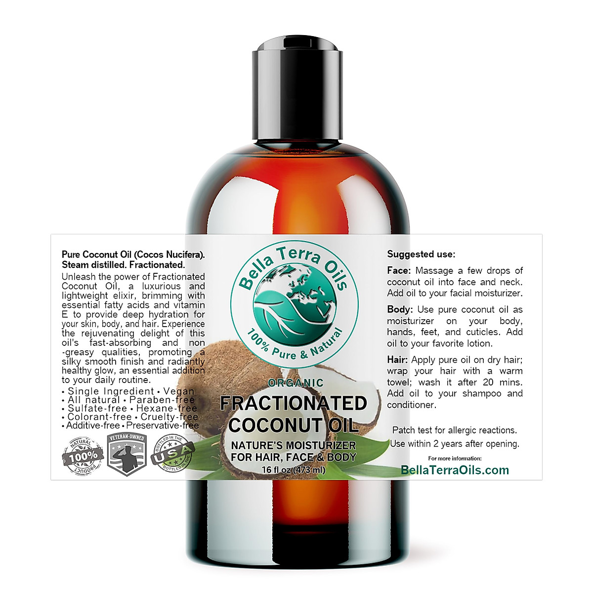 Bella Terra Oils - Liquid Organic Fractionated Coconut Oil 16 oz - Dive into Nutritional Excellence, Known for Antioxidants & MCTs, A Luxurious Treat for the Skin