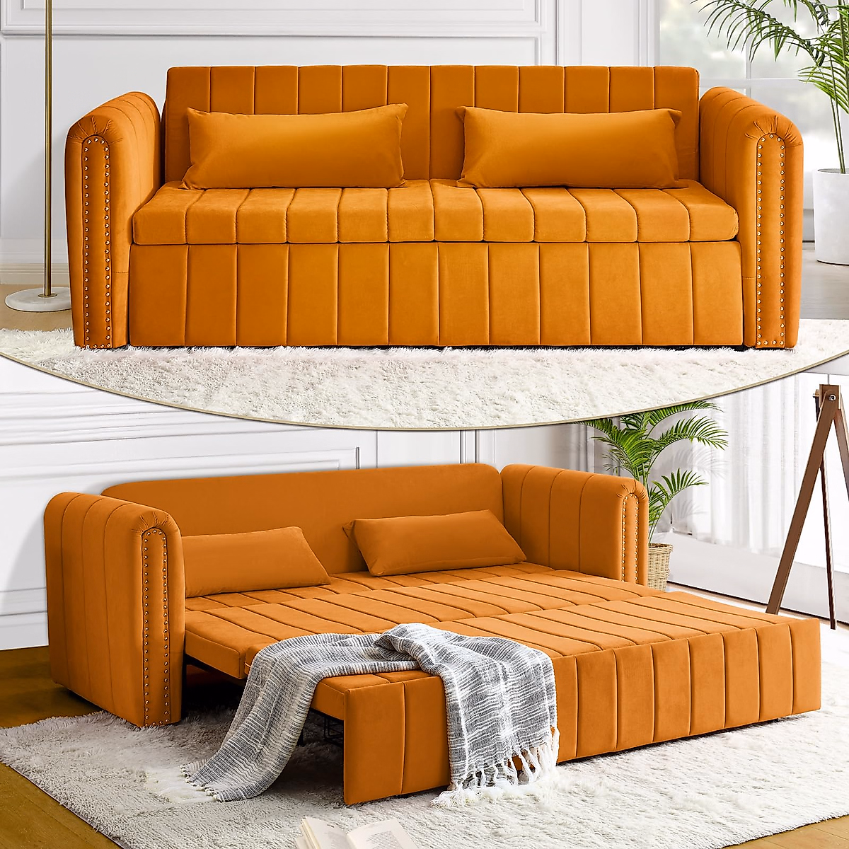 Antetek Oversized Sleeper Sofa w/Pullout Bed, 82-inch Modern Velvet Fabric Deep 3-Seat Couch with Metal Frame, 2 Toss Pillows, Comfy Upholstered Furniture for Living Room, Orange