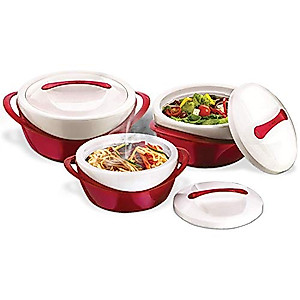Pinnacle Insulated Casserole Dish with Lid 3 pc. set 2.6/1.25/.6 qt. Elegant Hot Pot Food Warmer/Cooler - Large Thermal Soup/Salad Serving Bowl- Stainless Steel –Best Gift Set for Moms –Holidays Red