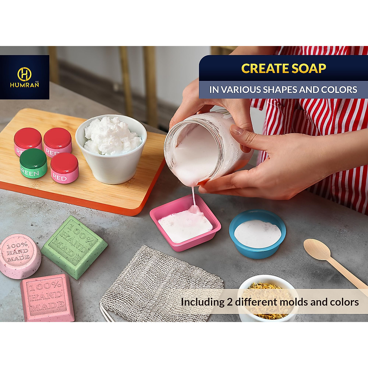 HUMRAN LLC Large Soap-Making Kit - Suitable for Adults, Kids, and Beginners - Incl. Dry Herbs - Soap Maker with Powdered Colors and Different molds - Great Gift idea