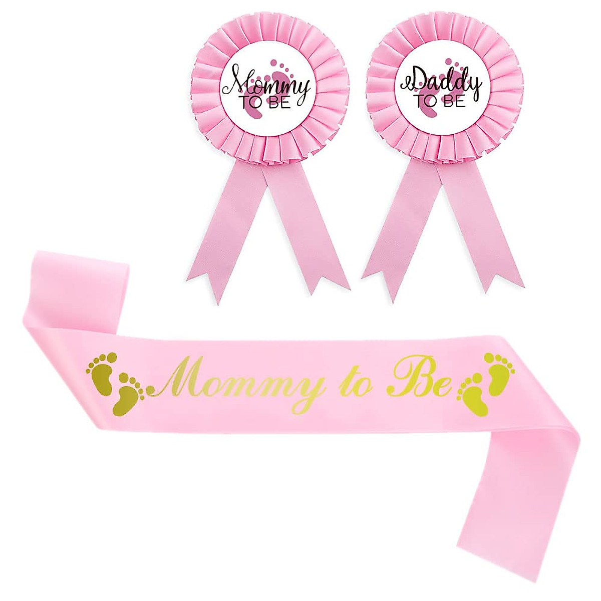 CoolerthingsDG, 3pcs, Daddy to be & Mommy to be Tinplate Badge Pink pin and one pink sash for mommy to be, with gold Letters, - Baby Shower Button New Dad Gifts Gender Reveals Party Baby Girl White and Pink Rosette Button Baby Celebration ( pink footprint