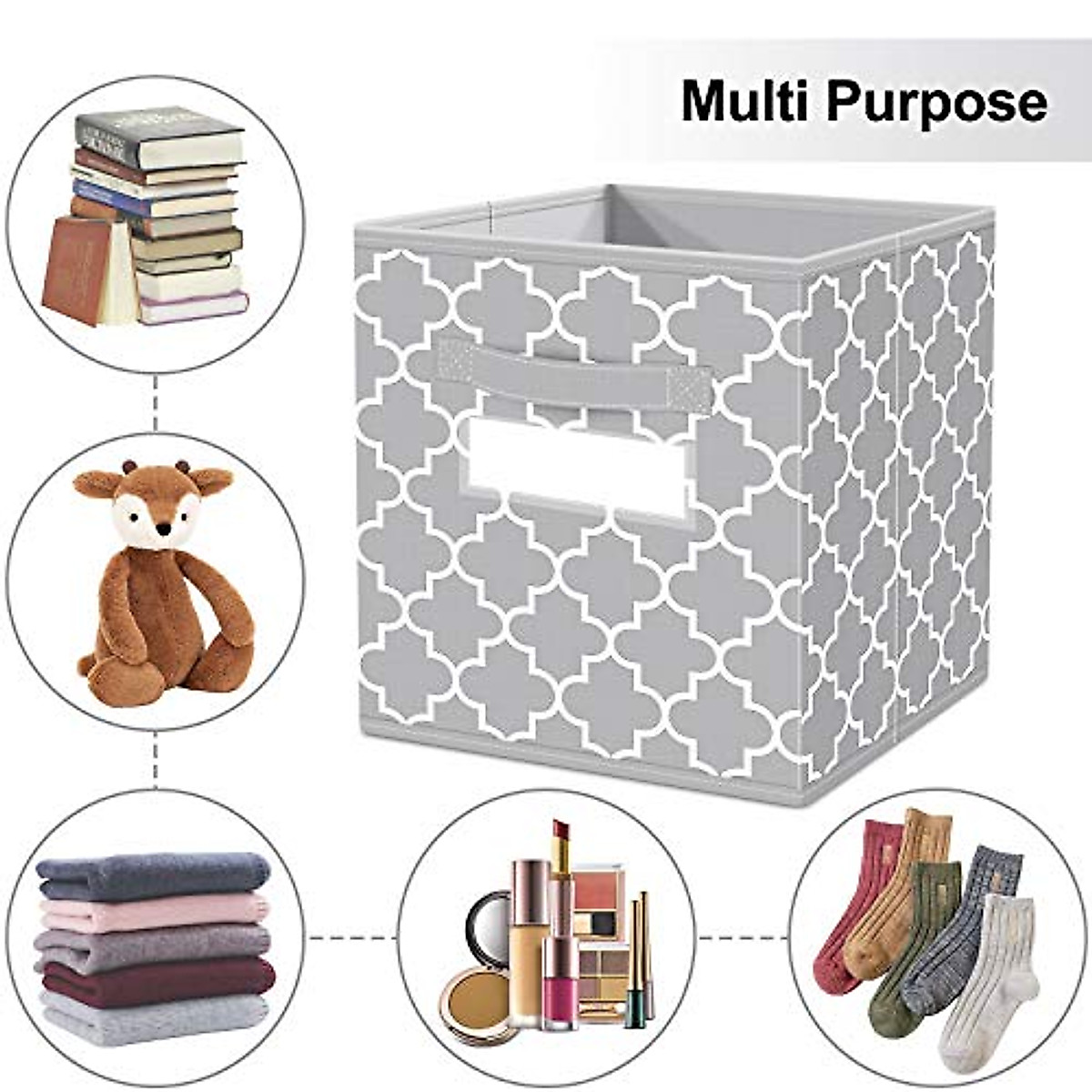 FabTotes Storage Bins 6 Pack Collapsible Storage Cubes, 11"x10.5"x10.5" Large Toy Book Organizer Boxes with Handles and Label Card & Label Holder, Baskets for Organizing Closet Shelves (Light Grey)