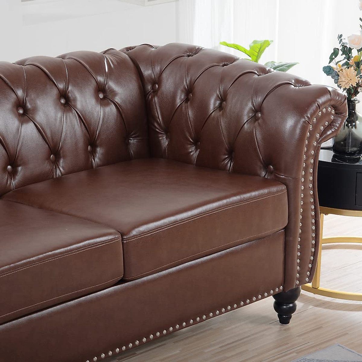 Yuxuanhang 84" Chesterfield Couch PU Leather, Modern Rolled Arm Tufted Back 3 Seater Sofa, Upholstery Nailhead Trim Couches for Living Room Office (Dark Brown)