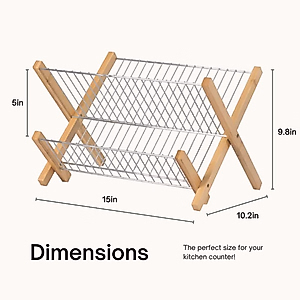 Naytic Stainless Steel Bamboo Foldable Adjustable Large Two Tier Dish Drying Rack Sink Organizer for Kitchen Counters