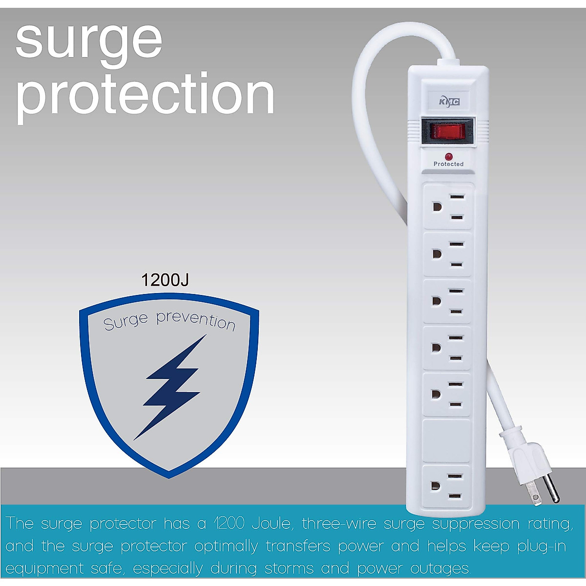KMC 6-Outlet Surge Protector Power Strip, 2-Pack, 1200 Joules, 6ft Cord, Adapter Spaced Outlet, Overload Protection, White