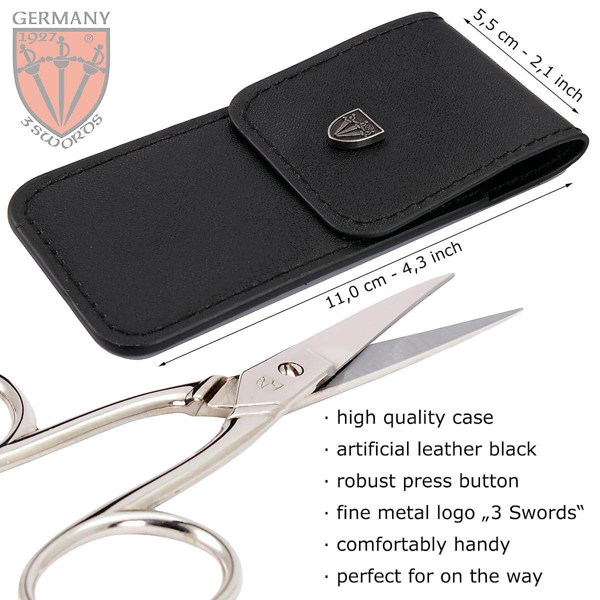 3 Swords Germany - Embroidery Scissors, Shears for Art Work, Daily Use in Household, Sewing, Art Work, Craft with black Synthetic Leather case