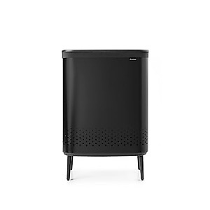 Brabantia Bo Laundry Hamper Hi (Matt Black) 2 Compartment Removable Laundry Bag 2 x 12 Gal, Ventilated Stylish Dirty Clothes Holder, Flat Back, Off-the Ground, Anti-Rust Materials for Bathroom Use
