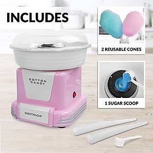 Nostalgia Cotton Candy Machine - Retro Cotton Candy Machine for Kids with 2 Reusable Cones, 1 Sugar Scoop, and 1 Extractor Head – Pink