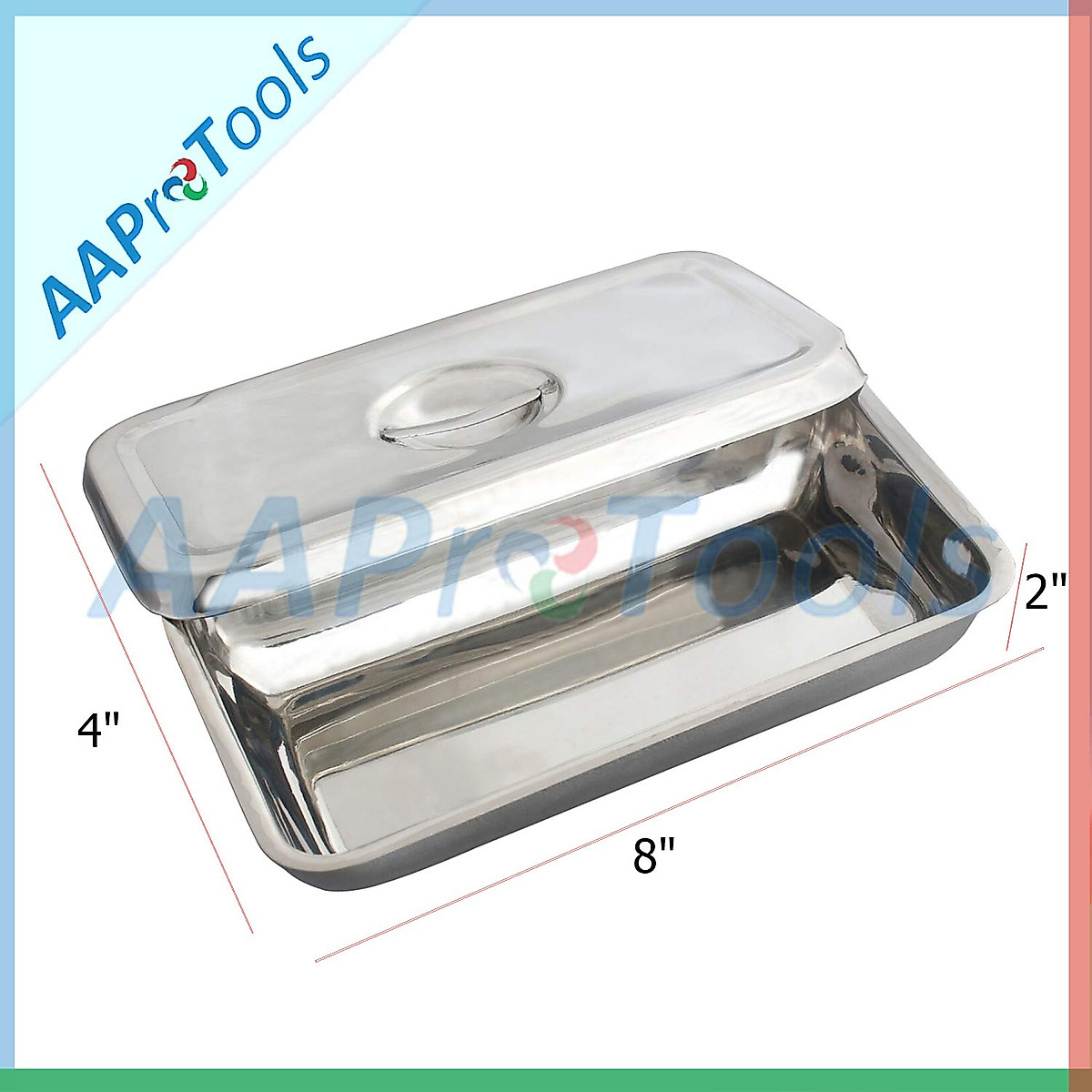 AAProTools Stainless Steel Instrument Tray Lab Instrument Dental Tool Organizer Holder with Lid and Handle Grip Size 8"x4"x2" DN-2227