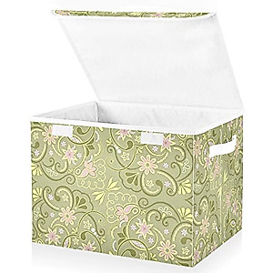 stargrass Foldable Storage Bin Fabric Decorative Storage Box with Lid and Handles,Green Flower Totem Collapsible Storage Basket 11.8x12.6x16.5 Inch