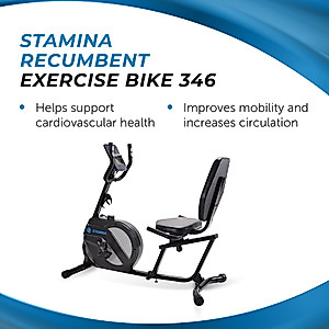 Stamina Recumbent Exercise Bike 1346 - Exercise Bike with Smart Workout App - Recumbent Exercise Bike for Home Workout - Up to 250 lbs Weight Capacity Black