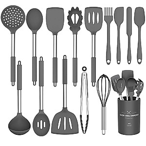Silicone Cooking Utensil Set,Umite Chef Kitchen Utensils 15pcs Set Non-stick Heat Resistan BPA-Free Stainless Steel Handle Tools Whisk - Grey