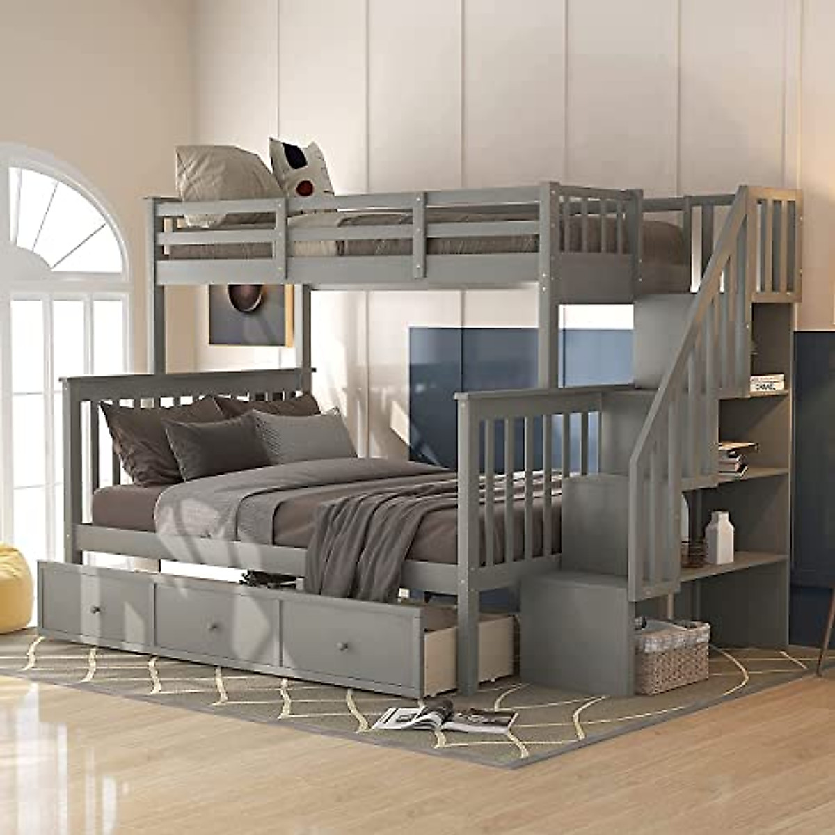 Harper & Bright Designs Twin Over Full Bunk Bed with Storage Drawer, Wood Bunk Beds with Stairway, Storage Shelf and Full-Length Guard Rail, Kids bunk Bed Twin Over Full, No Box Spring Needed (Gray)