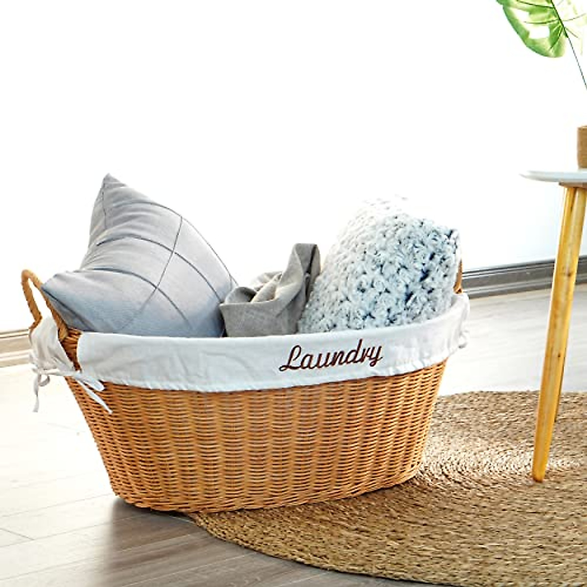 Rattan Laundry Basket with Handles and White Cotton Removable Lining, Natural