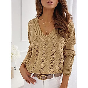 CUPSHE Women's V-Neck Long Sleeve Knit Sweater Dropped Shoulders Pullover with Ribbed Trim, Brown L