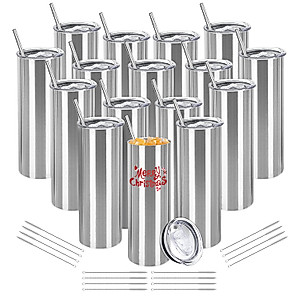 YOUKE OLA 16 Pack Stainless Steel Skinny Tumblers Blank Bulk Straight Double Wall Insulated Tumbler with Lid and Straw for, DIY Gift, 20oz Silver