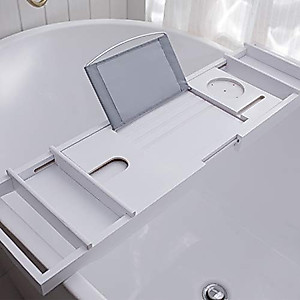 GEZITREND Luxury Bamboo Bathtub Caddy Tray Bathroom Furniture Expandable and Nonslip Bath Caddy with Book/Tablet and Wine Glass Holder Free Soap Holder Great Gift (White)