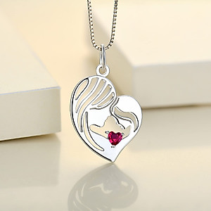 YL Mother and Daughter Necklace 925 Sterling Silver Mum Hold Child Heart Pendant Created Ruby Necklace Gifts for Moms