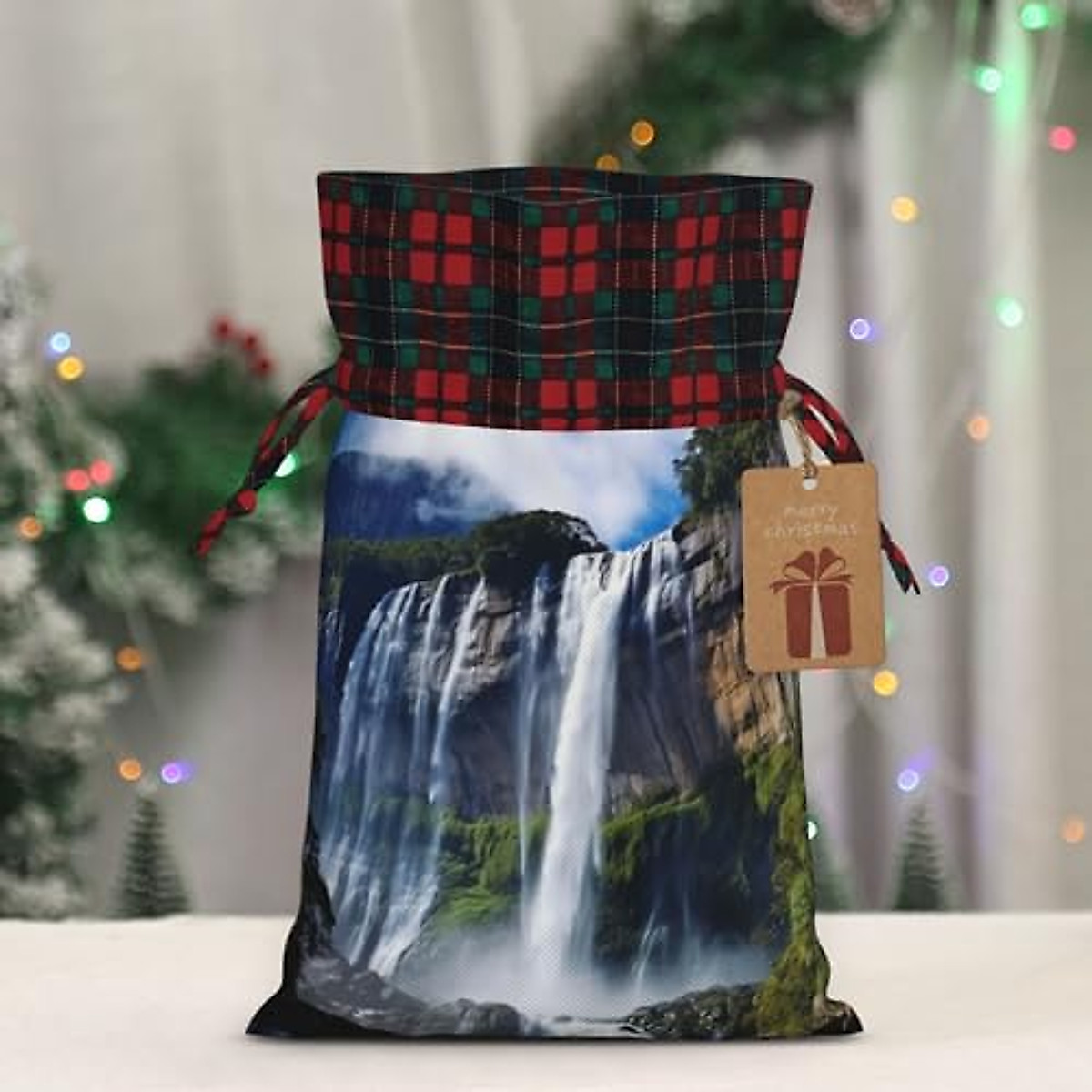 Christmas Gift Bags with Drawstring Burlap Gift Bags Beautiful Waterfall Christmas Linen Bags for Xmas Party Candy Bags with Cards Xmas Reusable Wrapping Bags Christmas Linen Treat Bags for Holiday