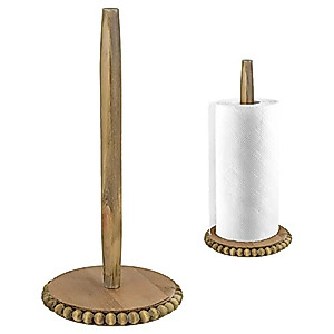 Farmhouse Paper Towel Holder Washed Beaded Paper Towel Stand Wood Paper Hanger Rack Standing Towel Roll Stand Organizer Paper Roll Holder Roll Dispenser for Kitchen Bathroom Countertop (Brown)
