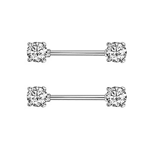 Pair of 14G Stainless Steel Nipple Rings Cubic Zirconia Tongue Ring Piercing Barbell Bar Body Jewelry for Women (Silver)
