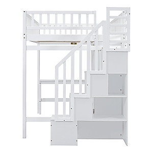 Merax Full Loft Beds Stairway Loft Bed Frame with Wardrobe, Desk, Bookshelf and Drawers, White