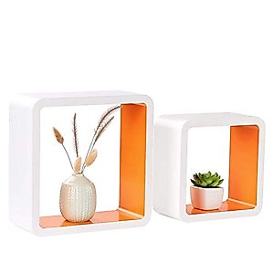 Homewell Set of 2 Cube Floating Shelves, Wood Wall Shelves for Home Decoration, Storage Display Rack, White+Orange.