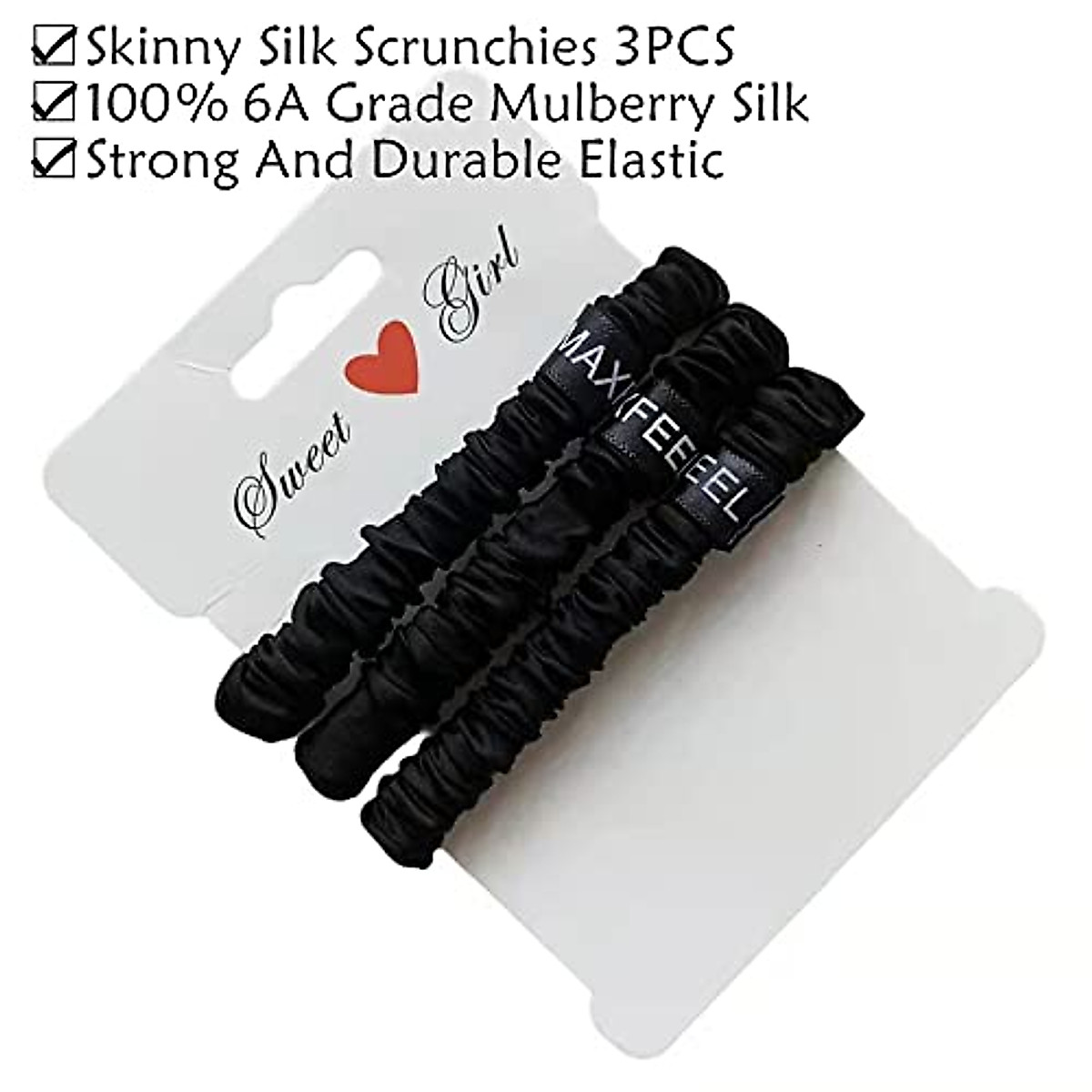 MAXFEEL 100% Pure Muberry Silk Hair Scrunchie Small Silk Scrunchy Skinny Hair Ties scrunchie holder for Breakage Prevention Black 3 Pack