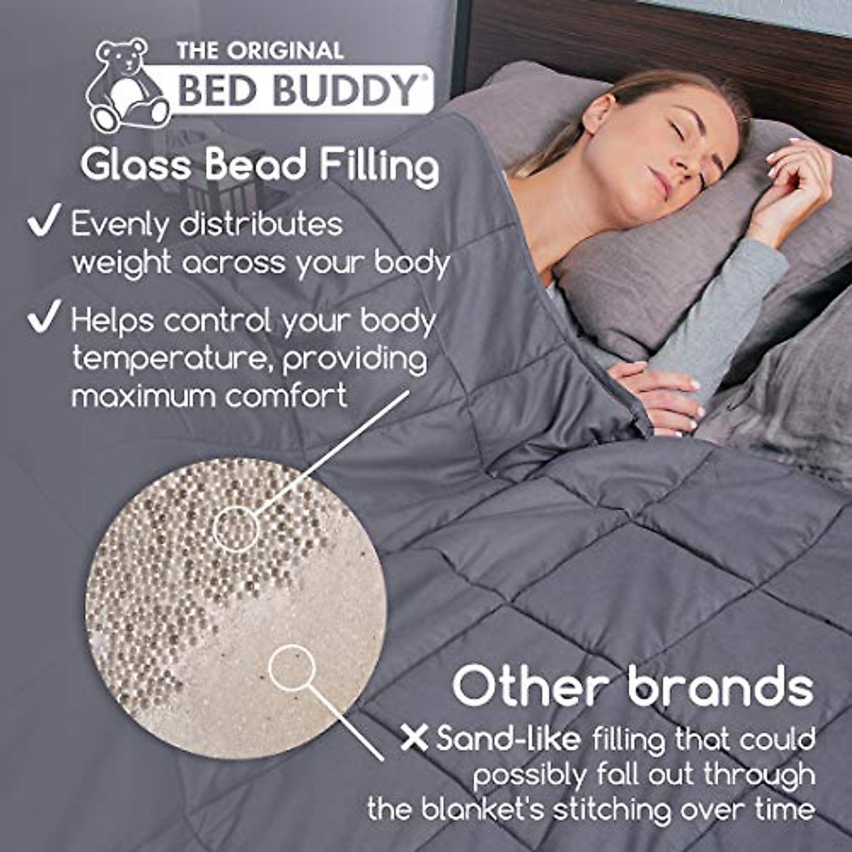 Bed Buddy Weighted Blanket 17 lbs - Weighted Blanket Adult Sized - Heavy Blanket with Weighted Glass Beads, Grey, 17 pounds, for Full, Queen Size, Twin Size