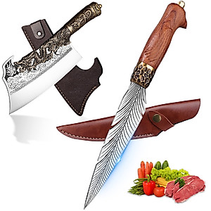 Feather Viking Knife Dragon Butcher Bone Cleaver Knife Set Boning Knife Kitchen Cleaver with Sheath for Outdoor Camping BBQ Collection Christmas Gift Men